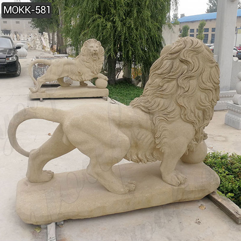 Life Size Outdoor Stone Lion Statue with A Ball for Sale