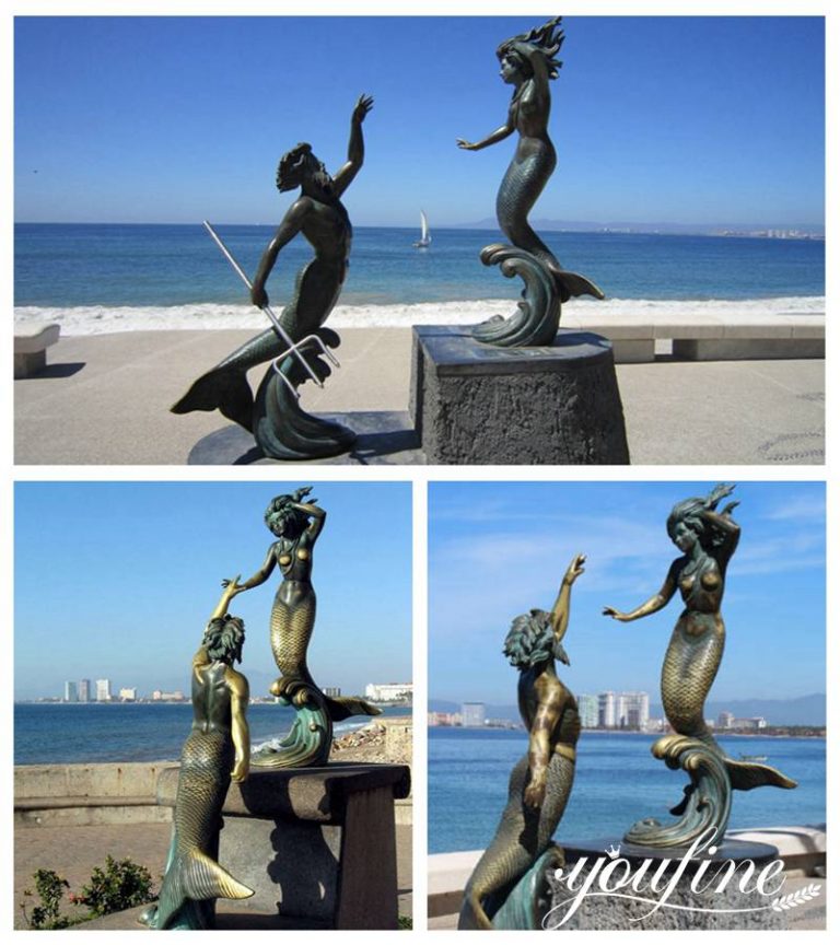 Bronze Triton and Nereida Mermaid Statue Sea Side Sculpture Decor for ...