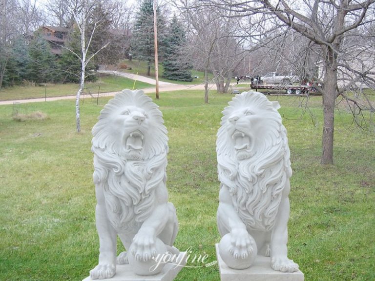 Large White Marble Lion Statues with Ball for Driveway MOKK-445-YouFine ...