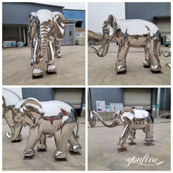 Modern Mirror Polished Metal Elephant Family Sculpture