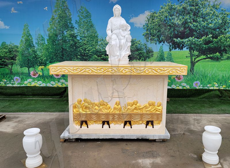Marble Altar Table with Virgin Statue and Bronze Relief for Church CHS ...