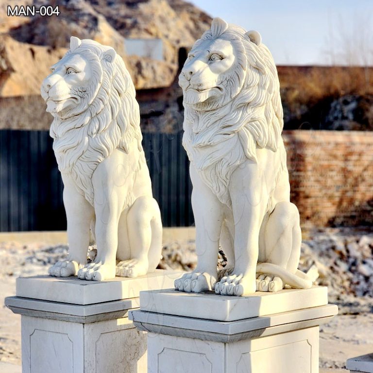 White Marble Sitting Lion Statue in Pair For Front Porch Decor YouFine