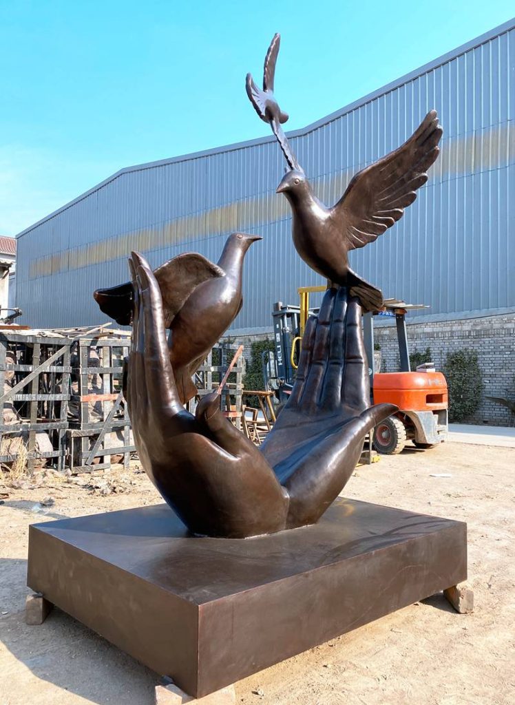 Large Modern Bronze Hand Peace Sculpture Doves Statue-YouFine