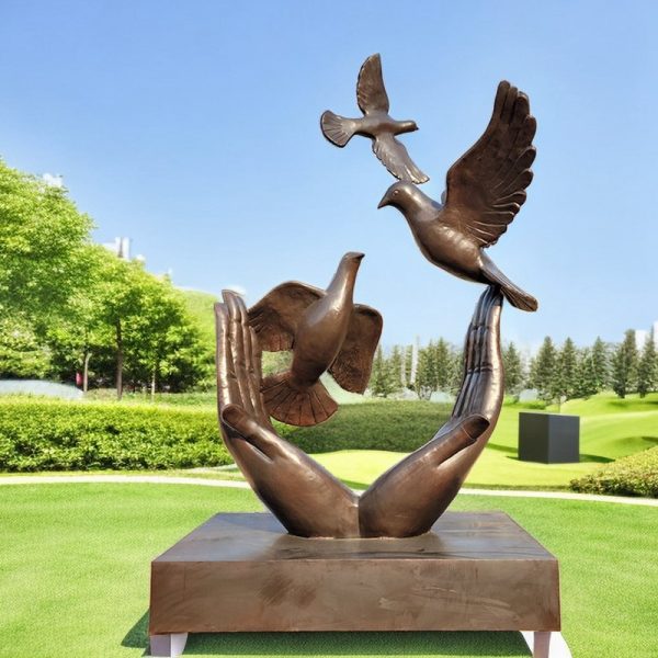 Large Modern Bronze Hand Peace Sculpture Doves Statue-YouFine