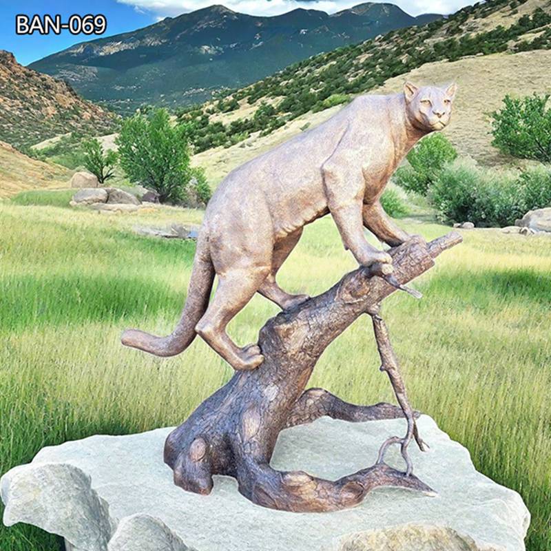 Life Size Bronze Mountain Lion Statue Going Up a Tree Art-YouFine