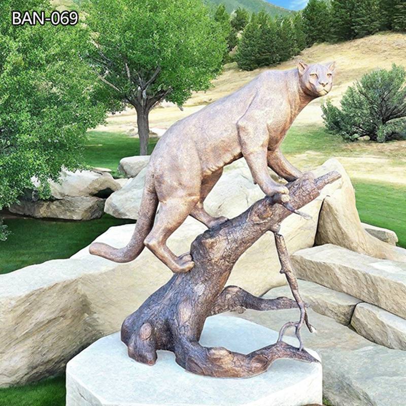 Life Size Bronze Mountain Lion Statue Going Up a Tree Art-YouFine