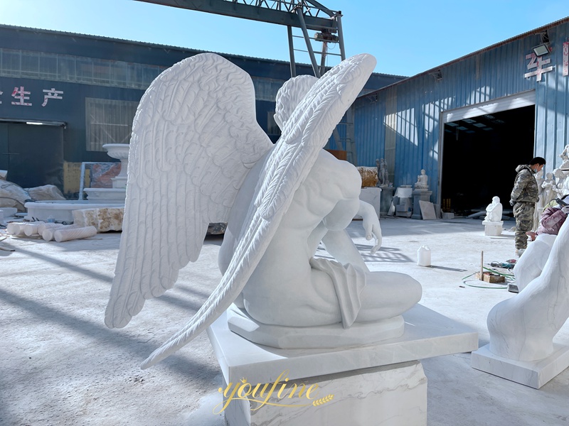 Marble Sitting Male Angel Statue for Garden Decor