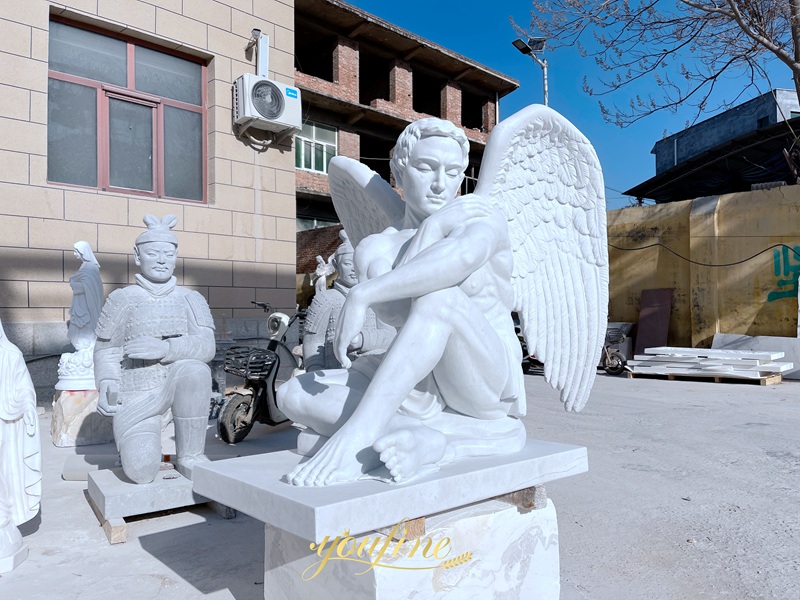 Marble Sitting Male Angel Statue for Garden Decor
