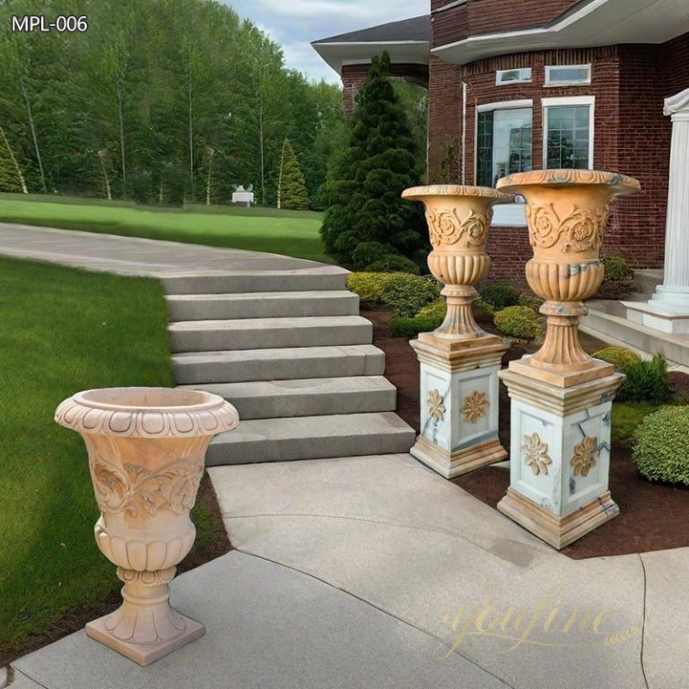 Pure Natural Marble Red Flower Pot with Carving - YouFine