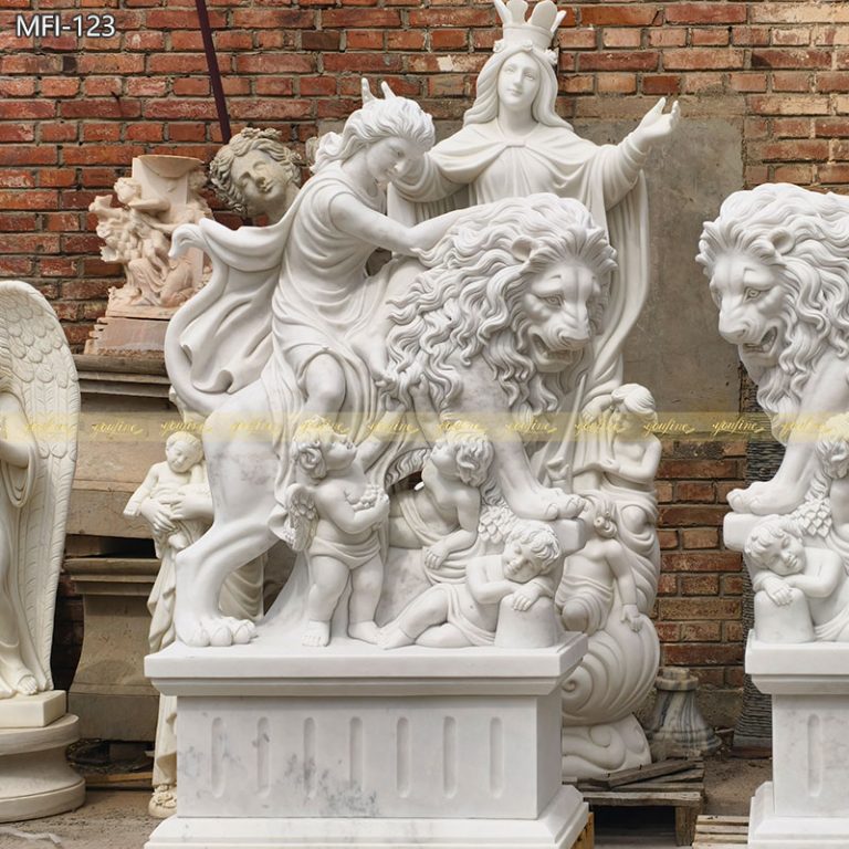 Greek Marble Goddess Riding Lion Statue