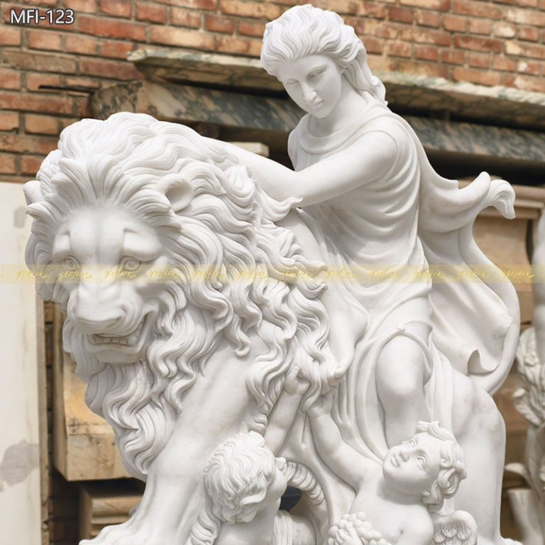 Greek Marble Goddess Riding Lion Statue